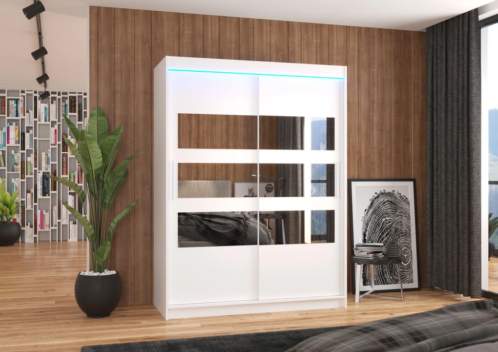 ADRK Furniture Posuvná skříň se zrcadlem a LED osvětlením FLORENTO 150 SW-FLO-W-150+L-V153