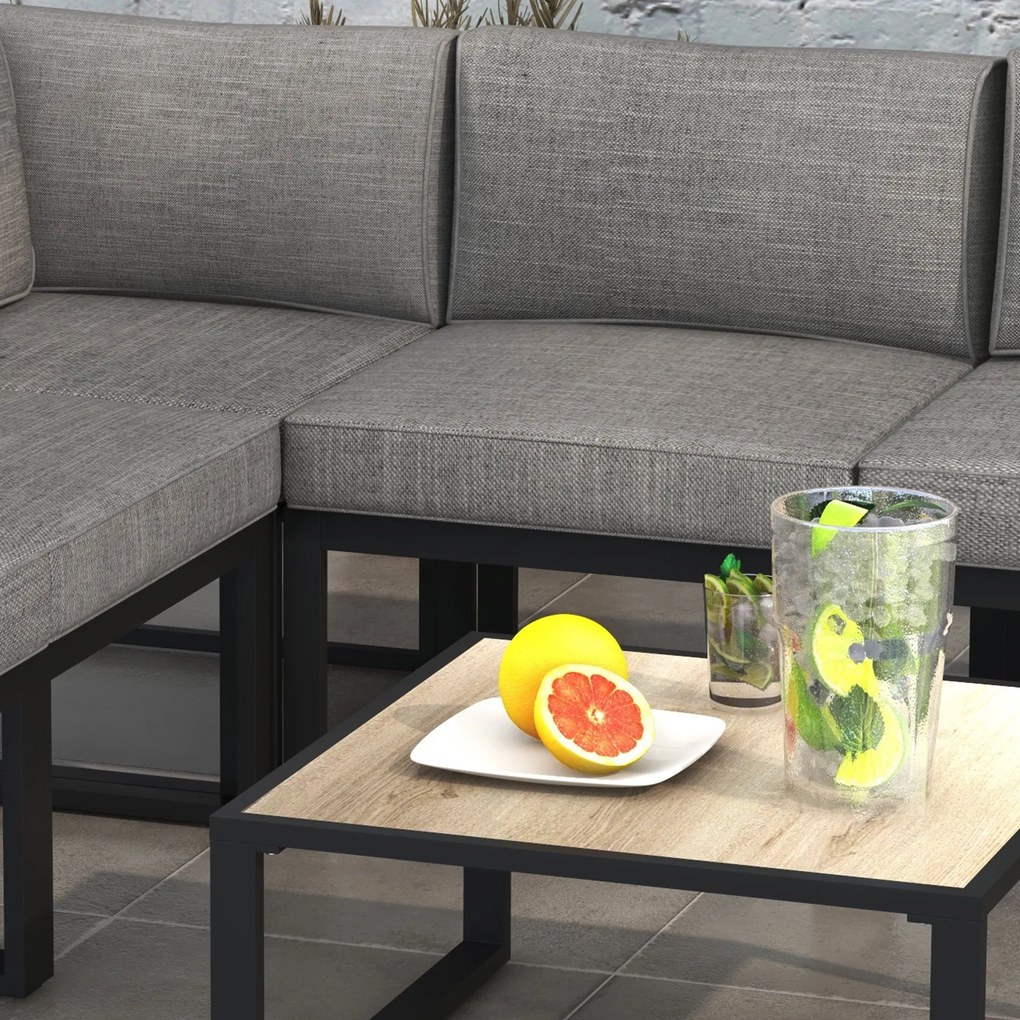 Outsunny Zahradní Lounge se Sofou a Konferenčním Stolkem, 6-Dílná Souprava z Hliníku s Polstrovanými Polštáři, Konferenční Stolek s Dřevěným Efektem,…