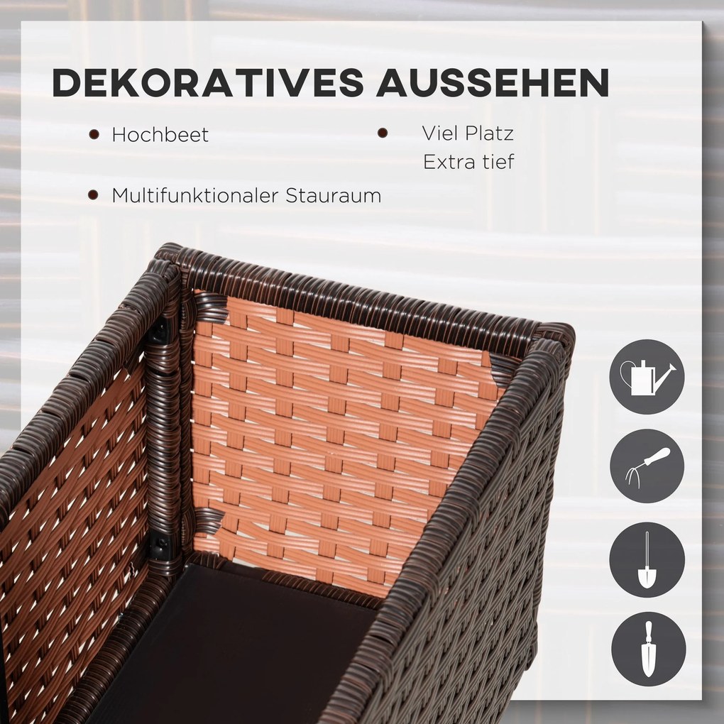 Zvednutý záhon Outsunny z poly ratanového materiálu s kolečky a odvodňovacími otvory, květináč Kávově hnědá 94,5 x 31 x 36 cm
