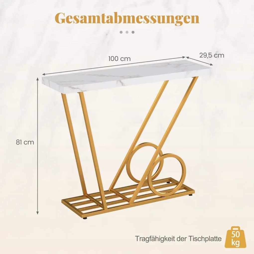 Costway Konzolový stolek 100 cm moderní s mramorovým vzhledem a bílým designem