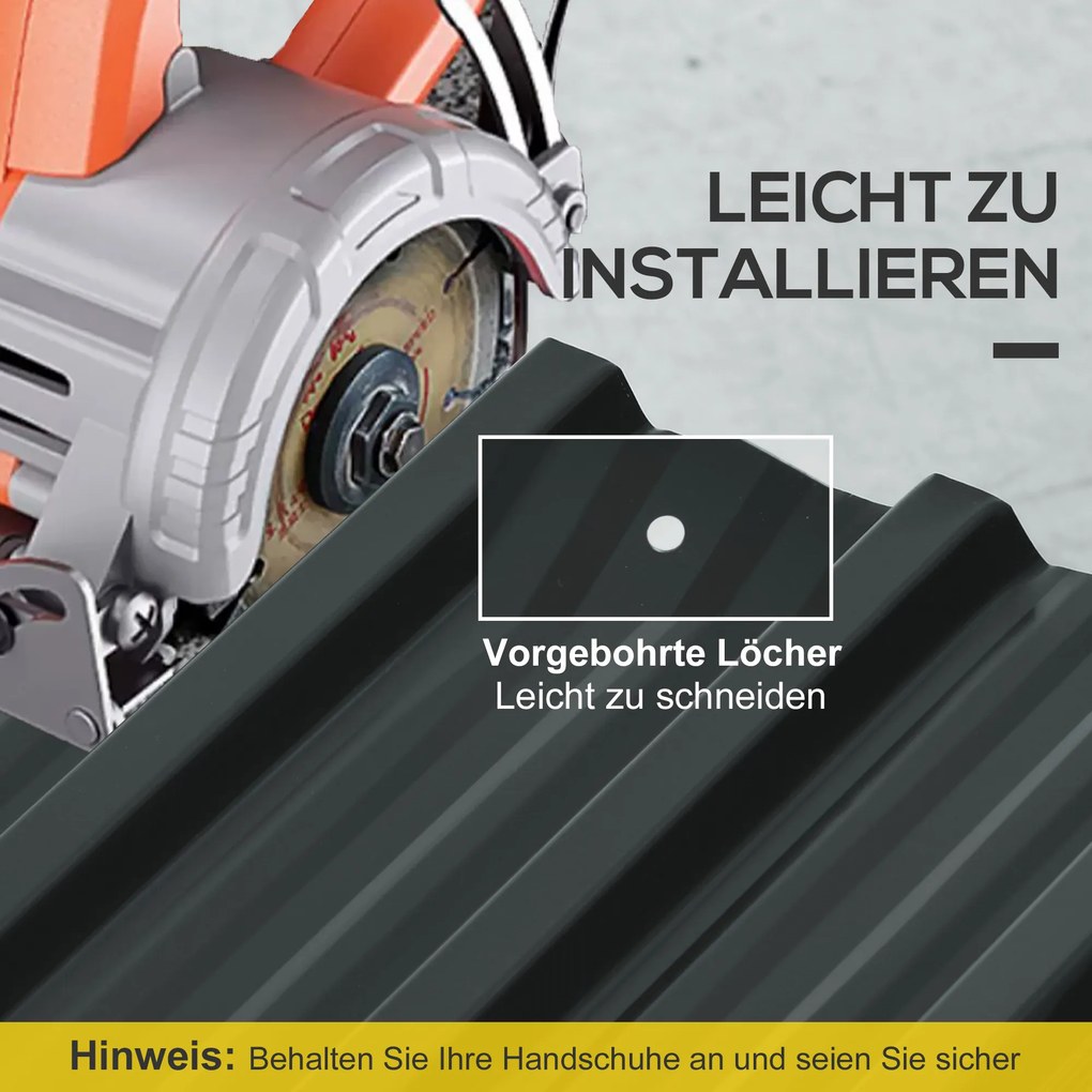Outsunny 12 kusů Trapézový plech 129x45cm 7m² Pozinkovaný střešní plech 0,25 mm Profilovaný plech odolný proti povětrnostním vlivům Tmavě šedá barva
