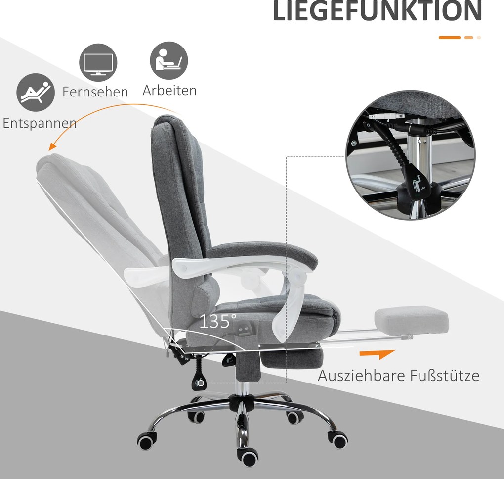 Kancelářská židle Vinsetto s masážní funkcí, výškově nastavitelná, ergonomická kancelářská židle s funkcí polohování, vyhřívání, podnožka