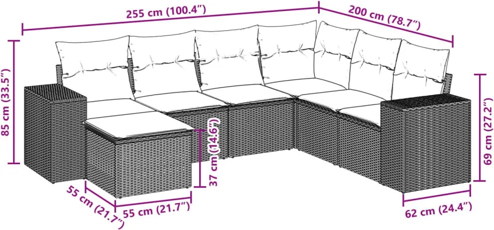 7dílná zahradní sedací souprava s poduškami šedá polyratan 3222899