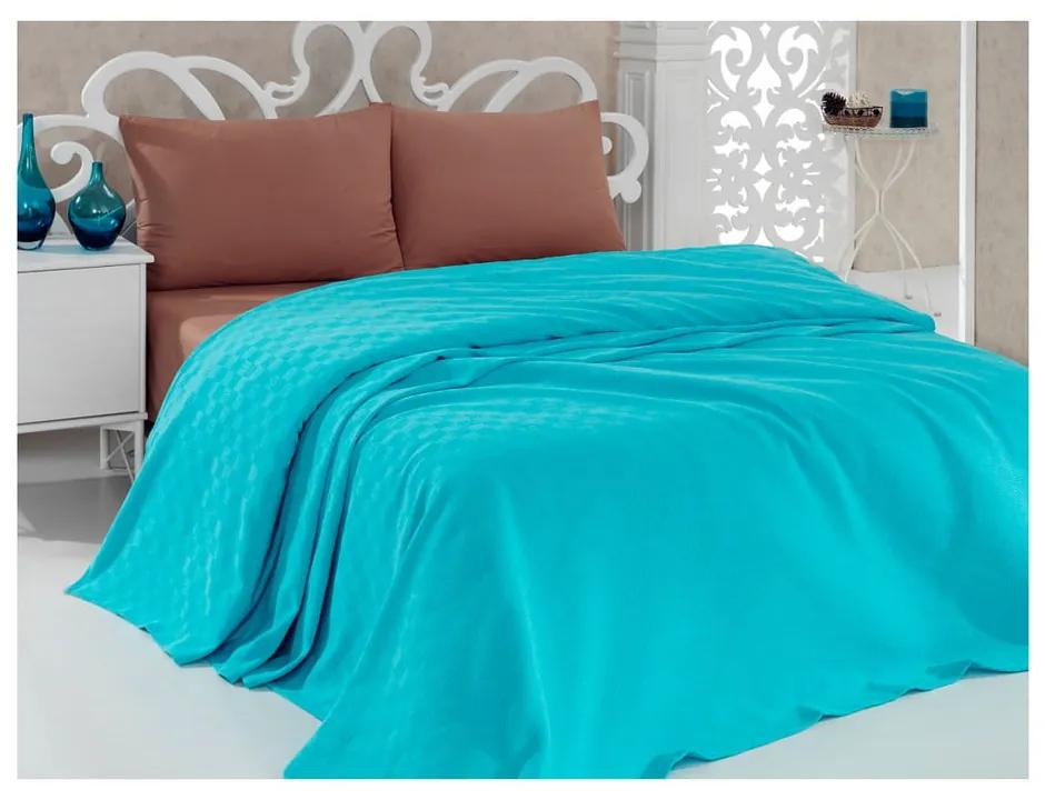 Tyrkysový bavlněný lehký přehoz přes postel Taduro, 200 x 240 cm