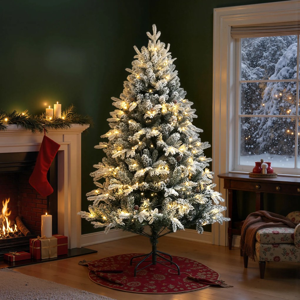 HOMCOM Umělý vánoční stromek, 180 cm, LED světla, pokrytý sněhem, nehořlavý, kov