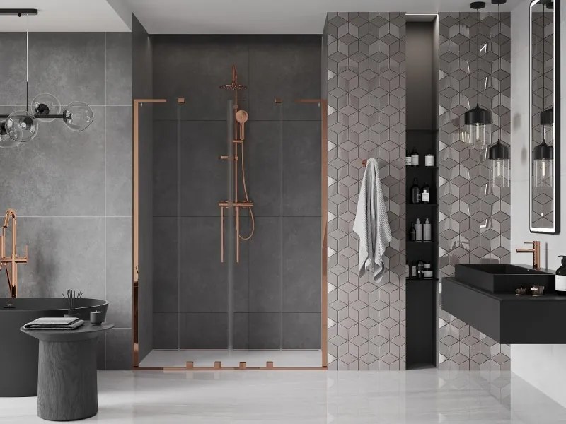 Mexen Velar L Duo, posuvné sprchové dveře do otvoru 160 cm, 8mm čiré sklo, růžové zlato, 871-160-003-02-60