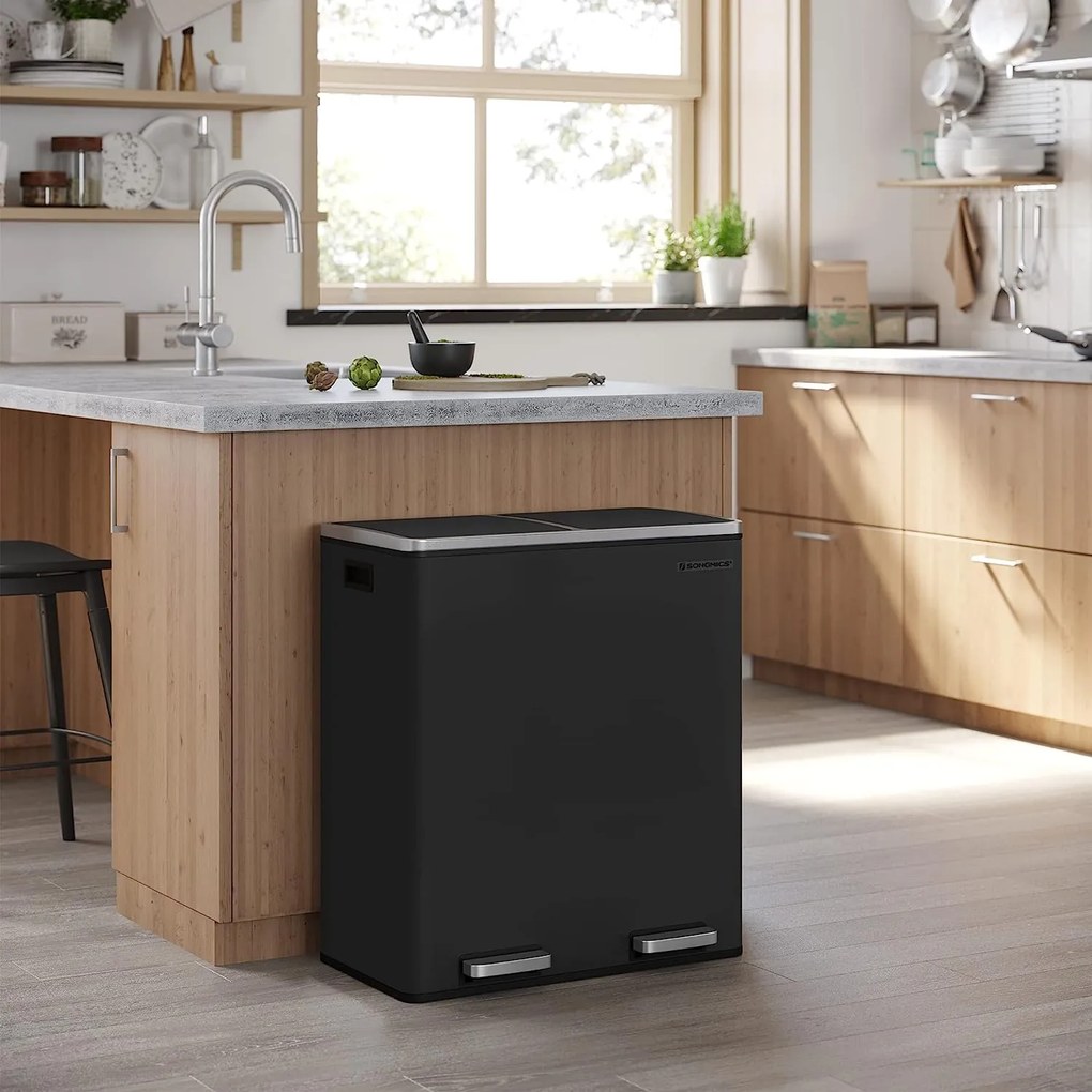Vzduchotěsný kovový pedálový dvojitý odpadkový koš 2 x 30l, s 15 pytli na odpadky, černý