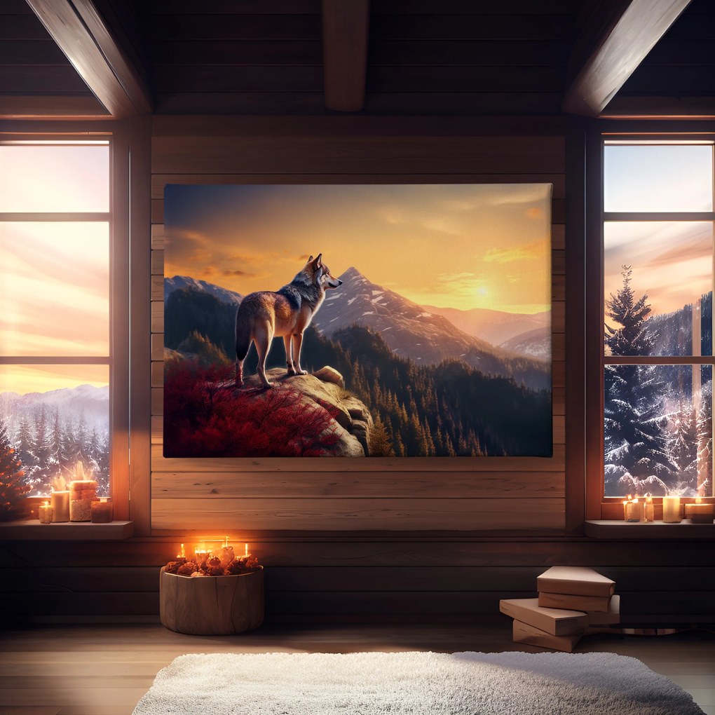 Obraz na plátně - Vlk na skále zkoumá svůj rajon FeelHappy.cz Velikost obrazu: 150 x 100 cm