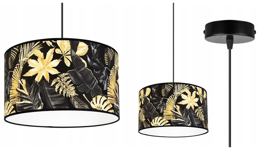 Závěsné svítidlo Gold Flowers, 1x černé textilní stínítko s květinovým vzorem, (fi 35cm)