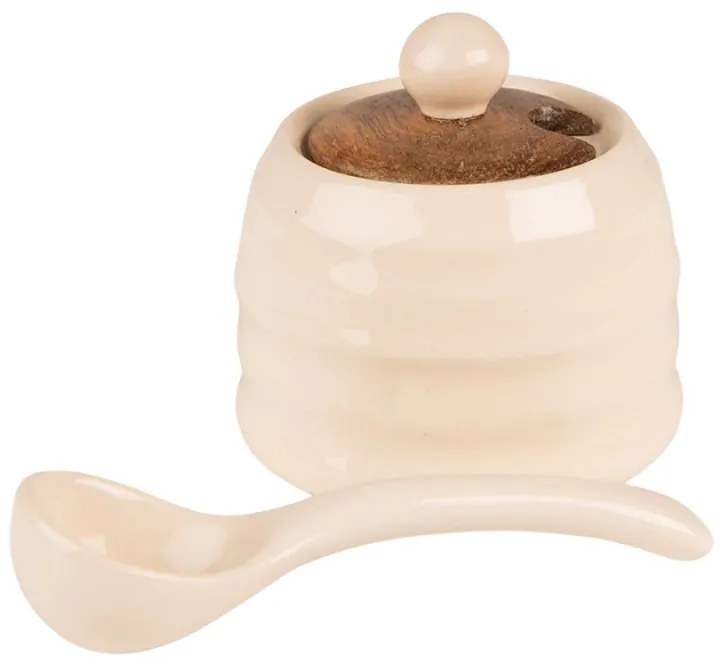 Béžová keramická cukřenka se lžičkou a dřevěným víčkem Chick Poulet– 8x6 cm