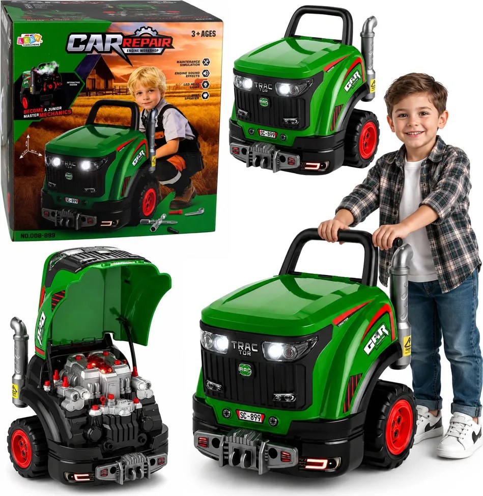 LEAN Toys Traktor na natahování – Malý kutil, světla, zvuky, vodní pára