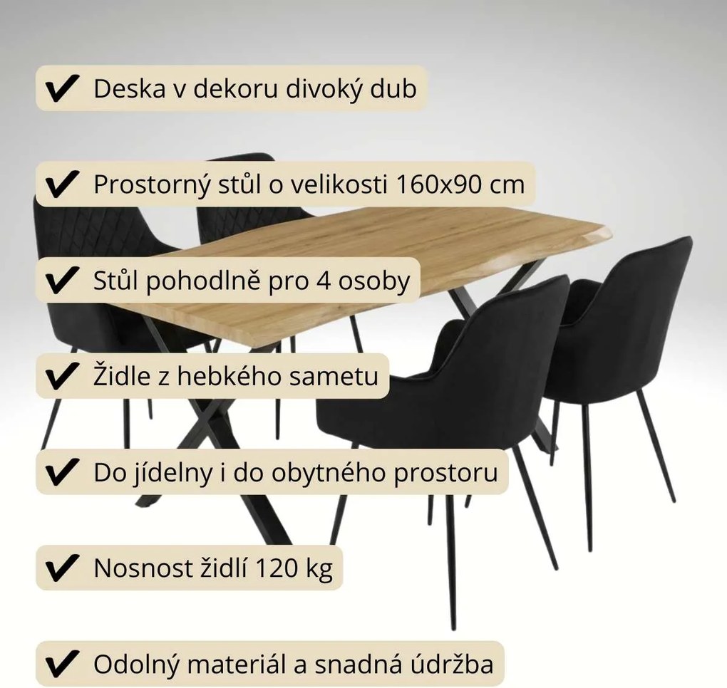 Vikio Jídelní set pro 4 osoby 160x90 cm soft dub noha X černá židle s područkami VJS226-4C
