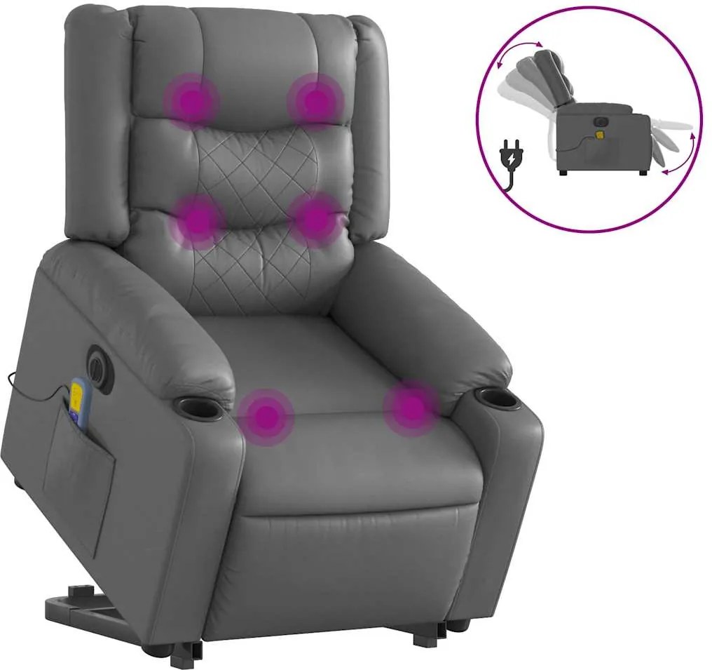 Elektrické zvedací masážní polohovací křeslo šedé umělá kůže 3206566