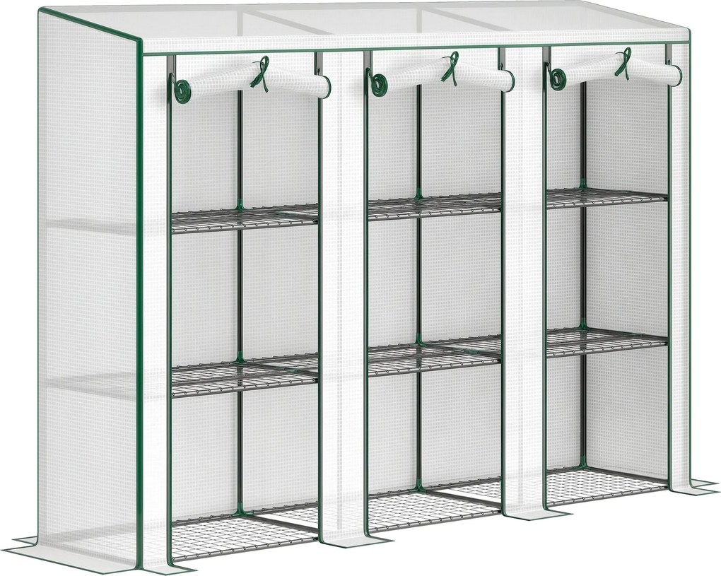 Outsunny 3patrový PVC zahradní skleník s ocelovým rámem, 2 rolovacími dveřmi — 215 x 46 x 151 cm, bílý | Aosom