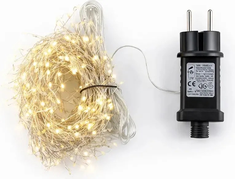 LED světelný řetěz, kapičky na drátku, 3 m, venkovní, teple bílá, 600 diod, stříbrný kabel, IP44, vč. zdroje