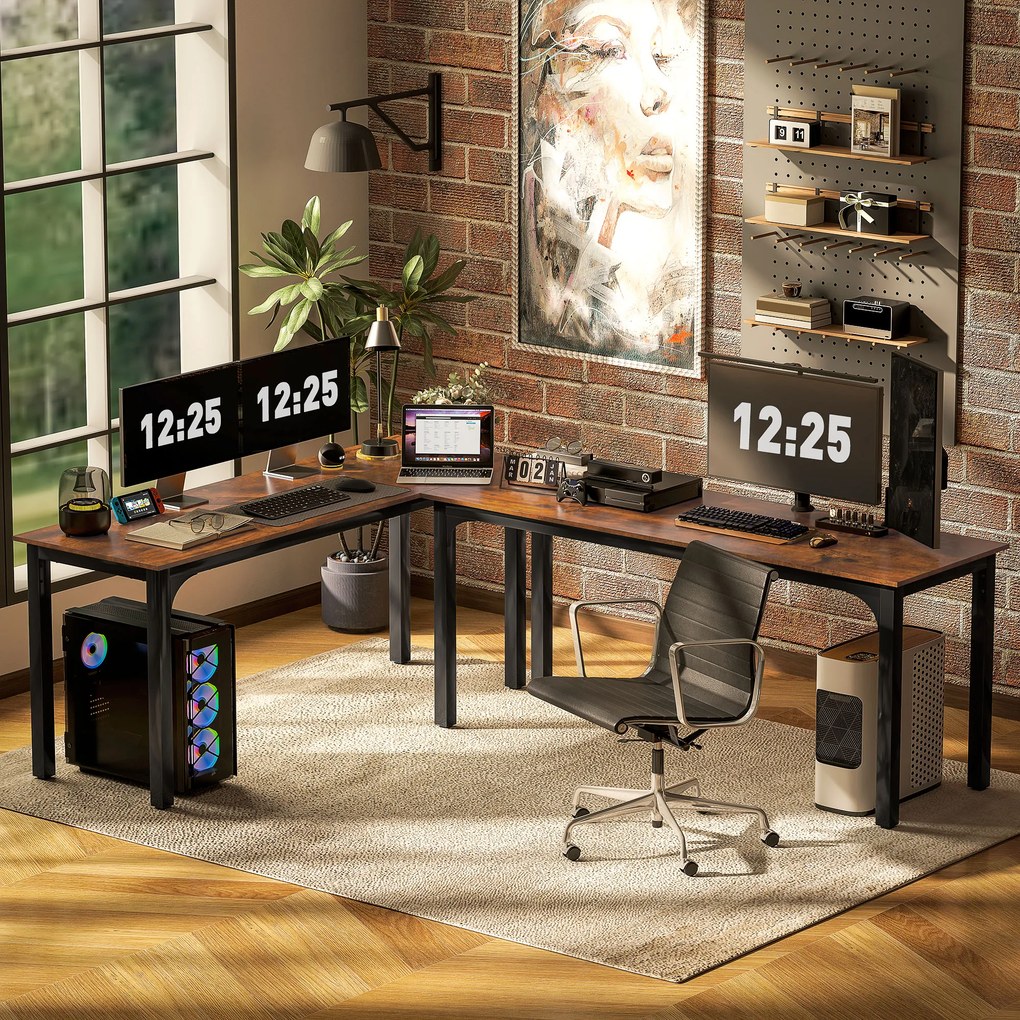 HOMCOM Stůl, počítačový stůl, rustikální design, spousta místa, dřevotříska, hnědá