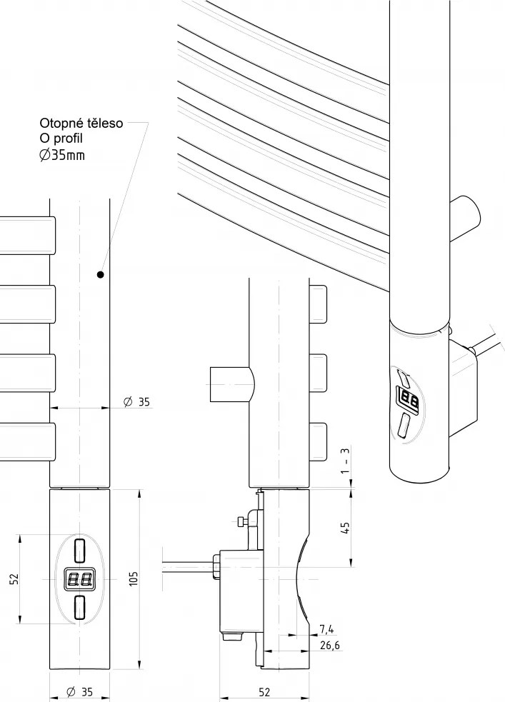 Hydronix Home Plus, O-profil, topná tyč Barva topné tyče: Černá, Výkon topné tyče: 600 W, Připojení topné tyče: Bez kabelu s mechanickým vypínačem