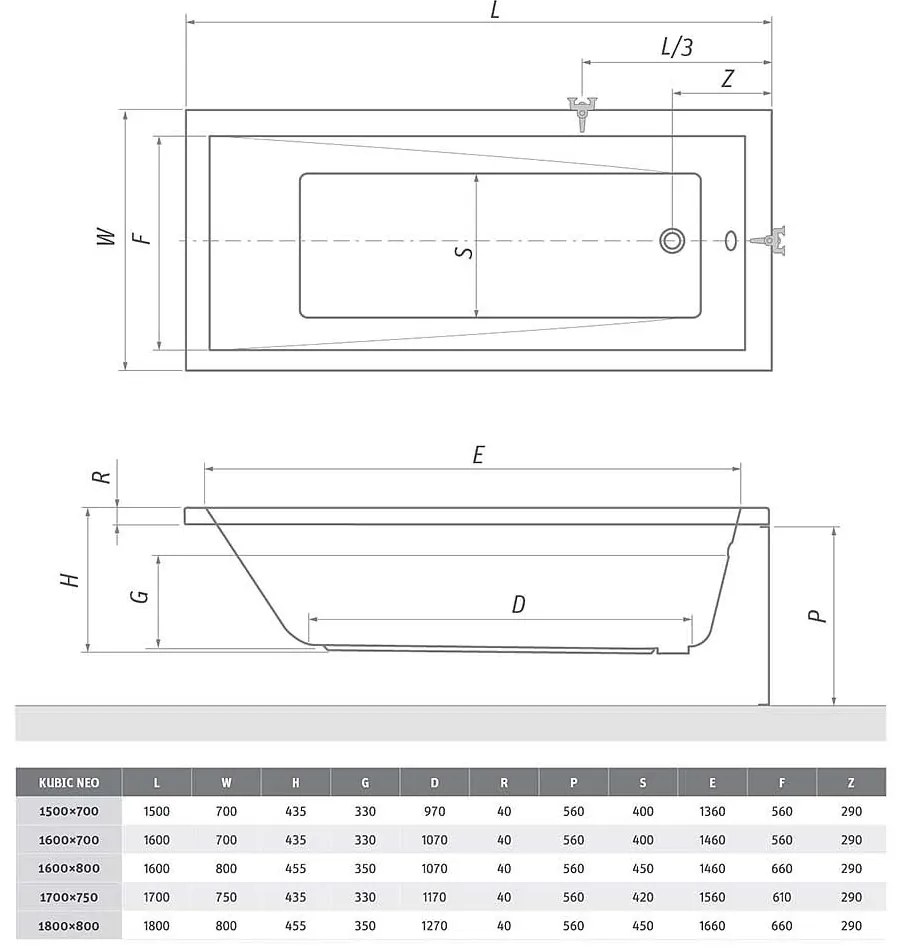 Roth Obdélníková akrylátová vana KUBIC NEO Varianta: rozměry: 150x70 cm - (KUBIC NEO 150x70 - 9300000)