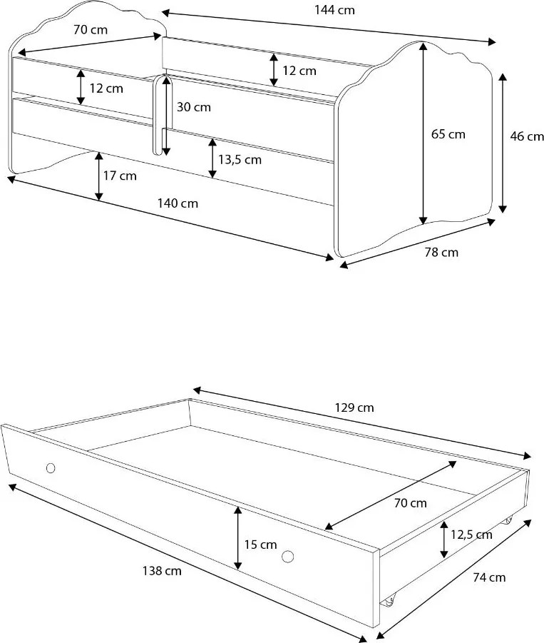 ADRK Furniture Postel s matrací, zábranou a šuplíkem CASIMO LION 140x70 CH-Cas-Barri-Lio-140-E105