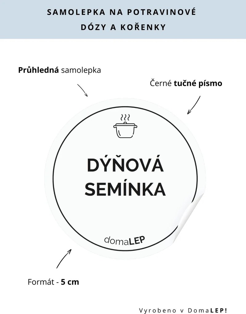 DÝŇOVÁ SEMÍNKA – průhledná samolepka na dózu, tučné písmo, 5 cm | DomaLEP