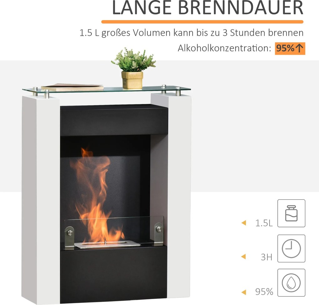 HOMCOM Bioetanolový Krb s Hořákem 1,5 l a Tepelně Odolnou Skleněnou Policí, 3hodinový Čas Hoření, Rozměry 60x20x79cm, Ovládání Plamene a Klíč v Ceně …