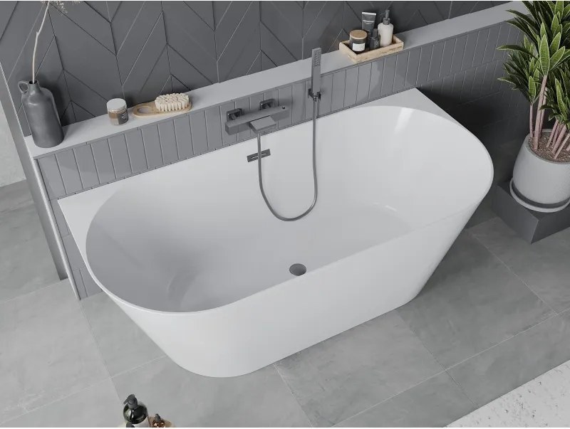 Mexen Oval Slim, volně stojící vana ke stěně 170 x 80 cm, bílá lesklá, grafitová přepad, 52661708000-66