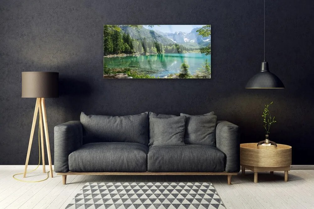 Obraz na skle Hory Jezero Les Příroda 140x70 cm