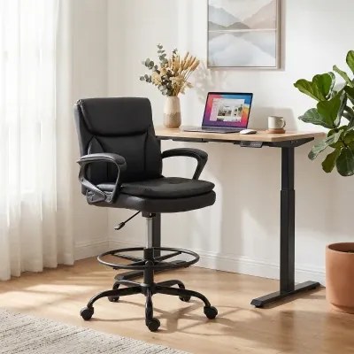 HOMCOM kreslicí židle, otočná židle, ergonomická s nastavením výšky a opěrkou nohou, černá