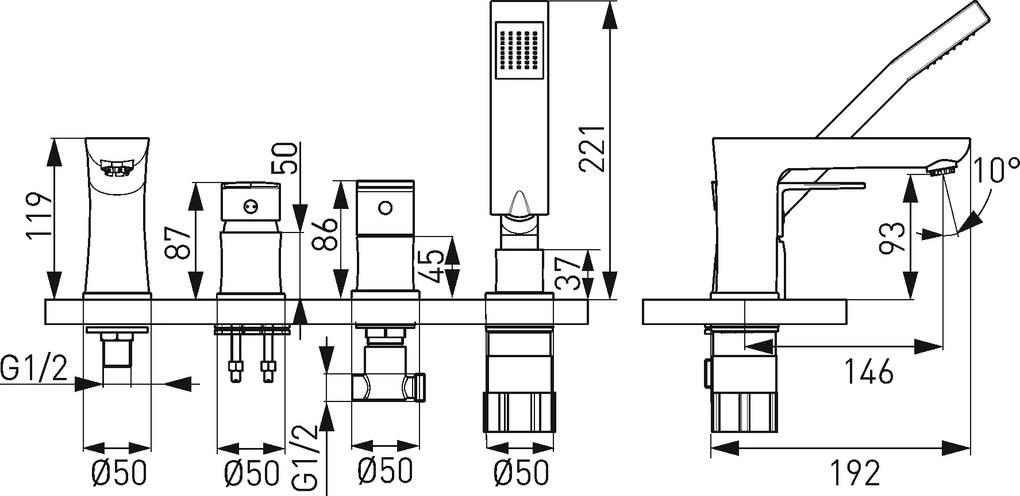 Ferro Algeo Square, vanová stojánková baterie 4-otvorová, chromová, 82045,0