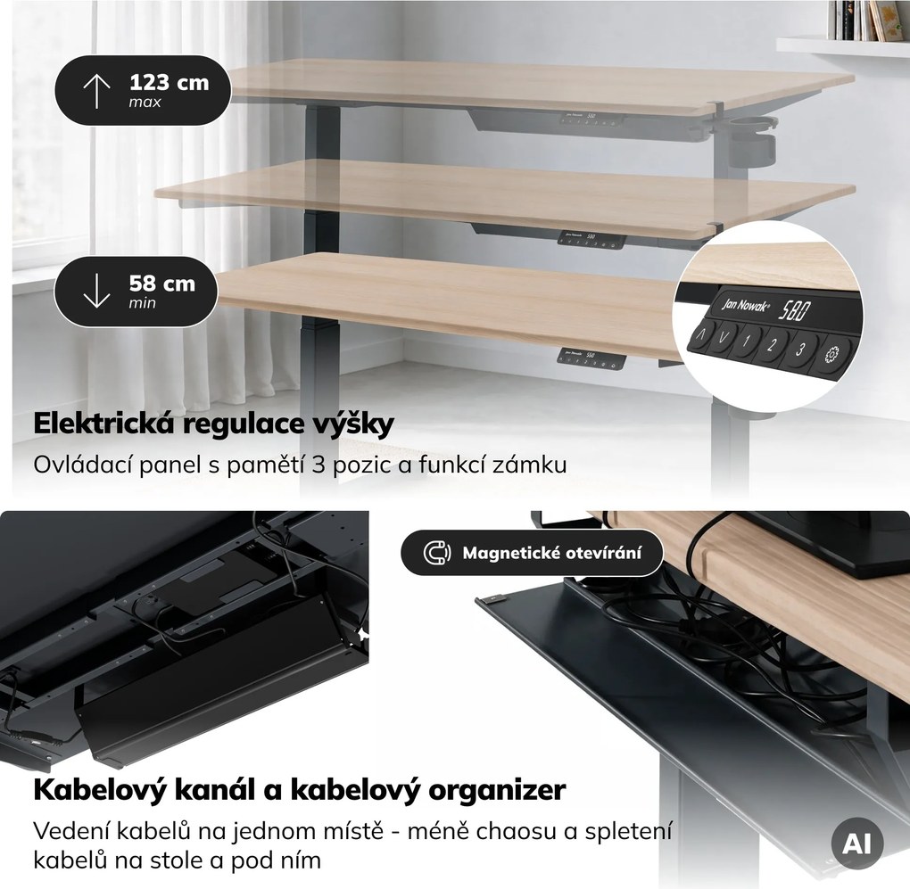 Elektrický stůl s regulací výšky ergonomický antracitový/dub sonoma,1600x800 mm: ARIA