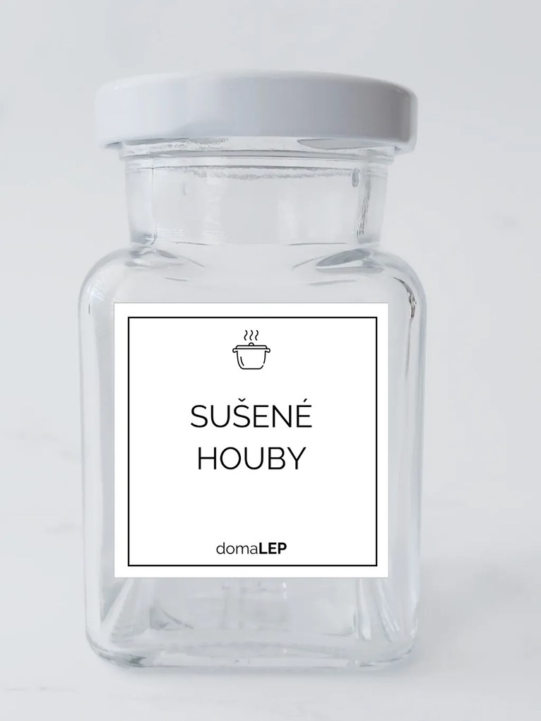 Samolepka na kořenky SUŠENÉ HOUBY bílá 5 × 5 cm základní písmo
