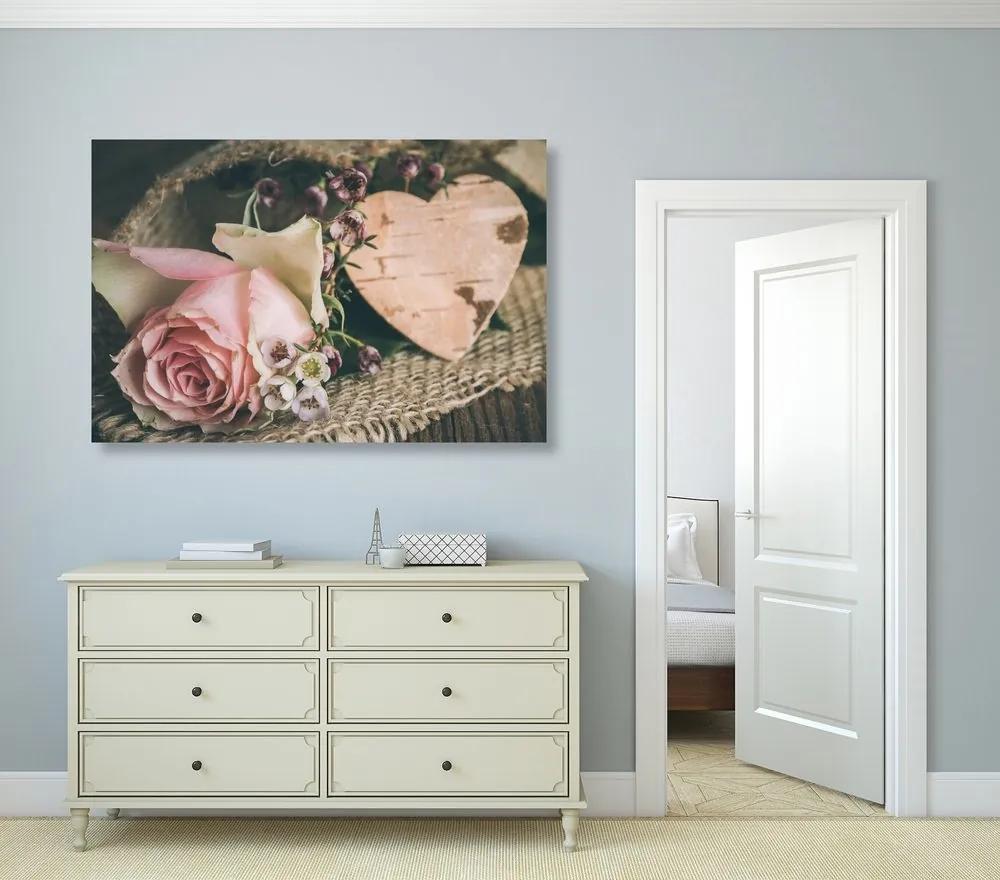 Obraz růže a srdíčko v jutě - 90x60 cm