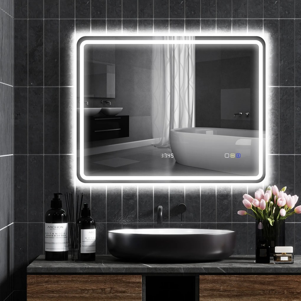 HOMCOM Koupelnové zrcadlo s LED osvětlením, protimlžnou podložkou, 3 nastavitelné barvy, hodiny, 700 x 900 mm, stříbrná barva