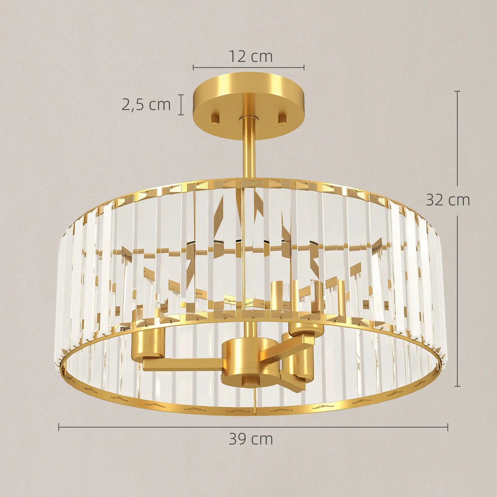 Stropní svítidlo, lustrový design, křišťálové stínidlo, 3 žárovky, kov, zlatá barva