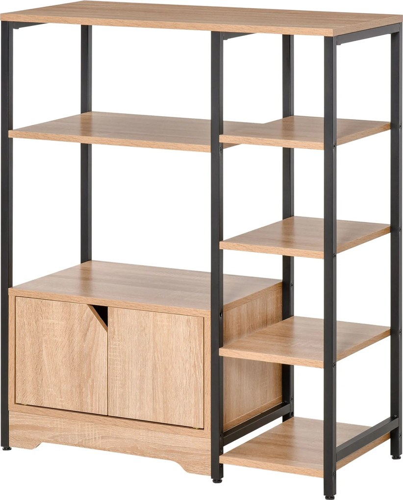 HOMCOM Knihovna s vícero otevřenými policemi a knihovnou se dvěma dveřmi s kovovým rámem pro kancelář a obývací pokoj 80x35x97 cm Přírodní dřevo | Aos
