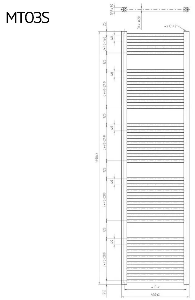 Mereo otopný žebřík rovný 450x1690 mm středové připojení bílý MT03S