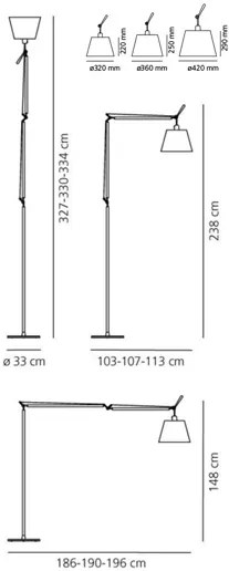 Artemide Tolomeo Mega Terra 42, černá stojací lampa s vypínačem pro 1x150W E27, černé stínítko, max 334cm