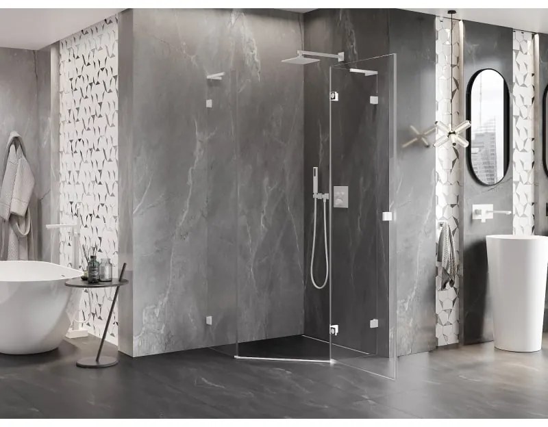 Mexen Lunar, L pravý výklopný pětiúhelníkový sprchový kout 100 x 100 cm, 8mm čiré sklo, bílý profil, 831L-100P-100L-20-00-P