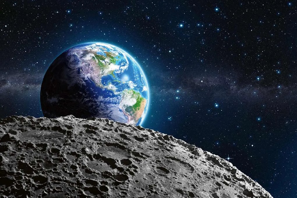 DIMEX | Samolepicí vliesová fototapeta na zeď Země z Měsíce MA-5-2235 | 375 x 250 cm | modrá, bílá, černá, šedá