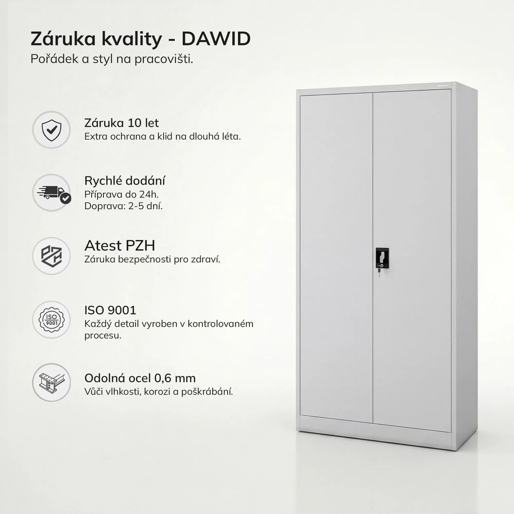 Víceúčelová kovová šatní skříň s tyčí na ramínka, šedá, 900x1850x450 mm: DAWID