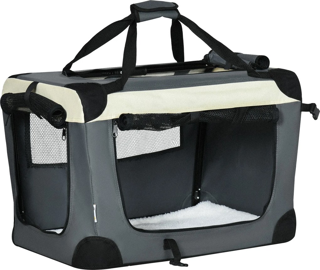 Skládací dopravka pro psy PawHut 60x41x41 cm s okny, měkkým polštářem a 2 ramenními popruhy, taška pro mini psy a kočky, šedá | Aosom