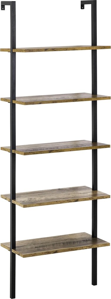 HOMCOM Knihovna ve stylu průmyslového ležení s 5 policemi, nástěnná knihovna ze dřeva a kovu, 60x30x184,5cm, hnědá | Aosom