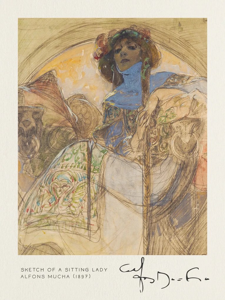 Obrazová reprodukce Sketch of a Sitting Lady - Alfons Mucha, (30 x 40 cm)