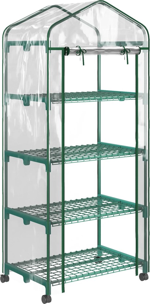 Mini skleník Outsunny s rolovacími dveřmi, policemi, zimní ocelový skleník, skleník na balkon, zahradu, dům na rajčata 69 x 50 x 165 cm, skleník na ra