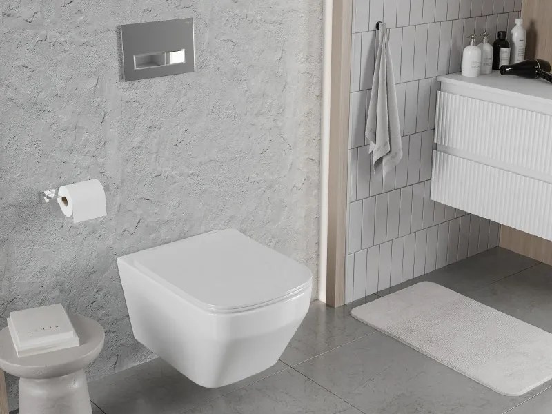 Mexen Riva, závěsná WC mísa 555x370x335 mm, Rimless Tornádo + WC sedátko z duroplastu, bílá lesklá, 30630200T