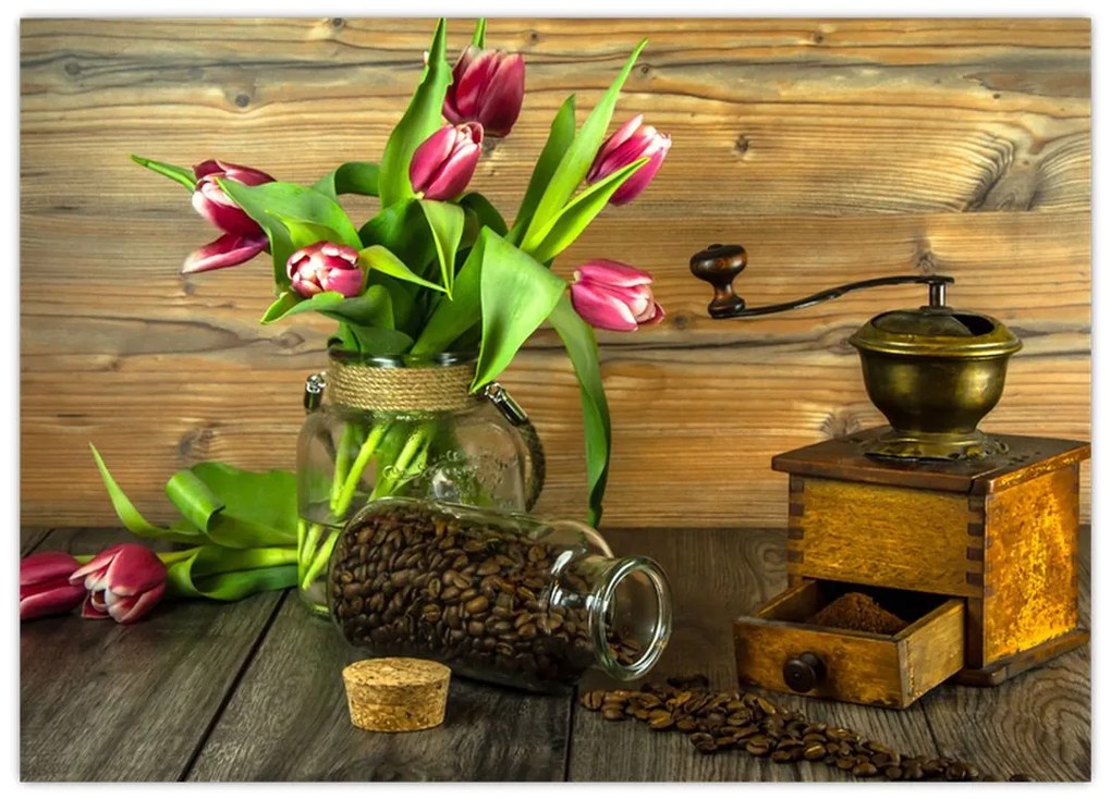 Skleněný obraz - tulipány, mlýnek a káva (70x50 cm)