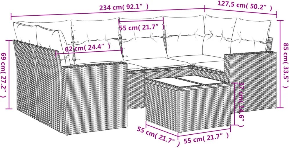 7dílná zahradní sedací souprava s poduškami šedá polyratan 3251057