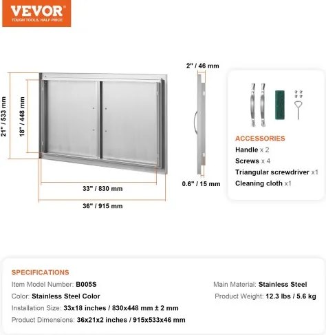 BBQ přístupová dvířka, 915 × 533 mm dvojitá venkovní kuchyňská dvířka