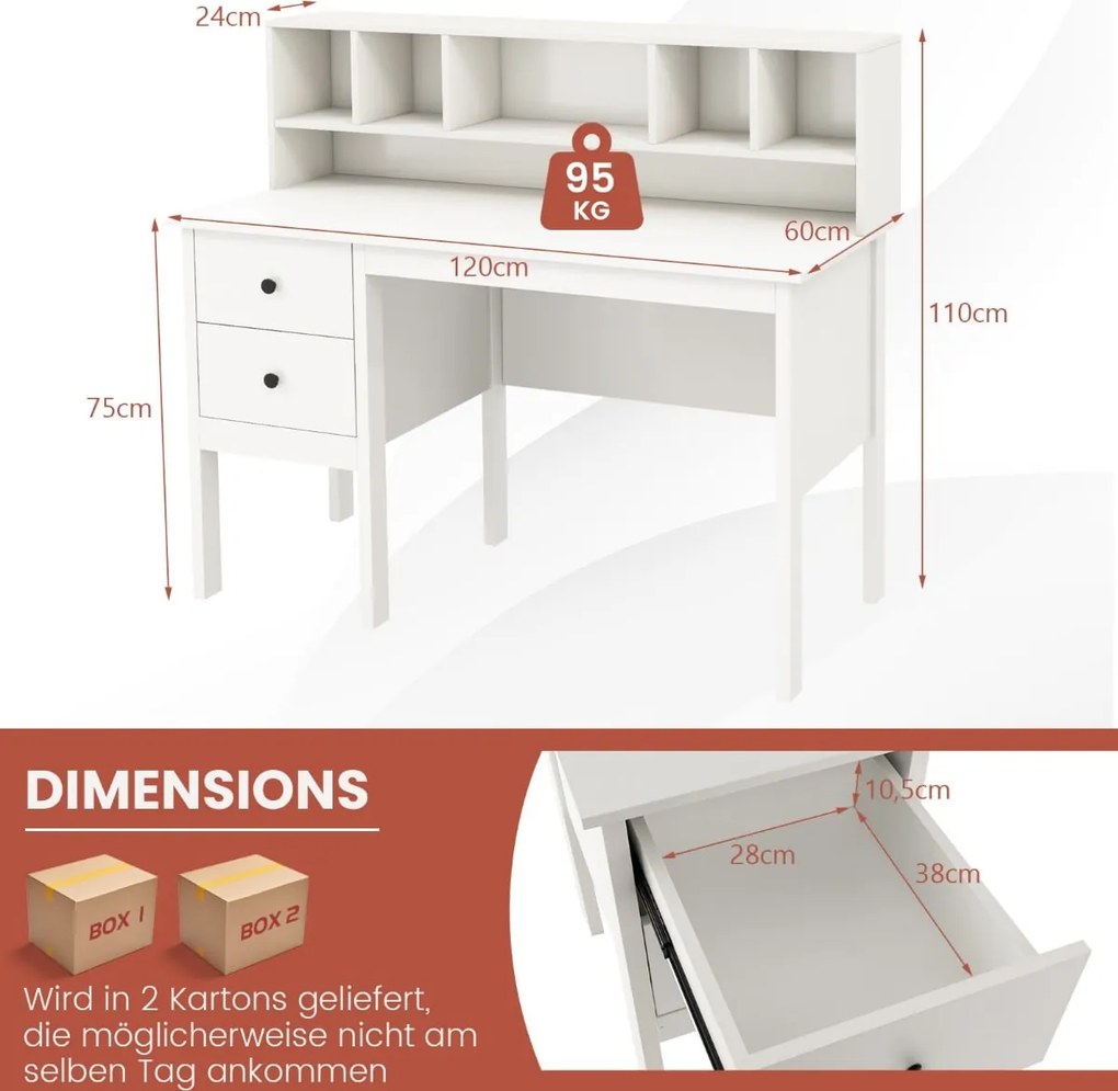 Costway Psací stůl s 2 zásuvkami a 5 přihrádkami – 120 × 60 × 110 cm