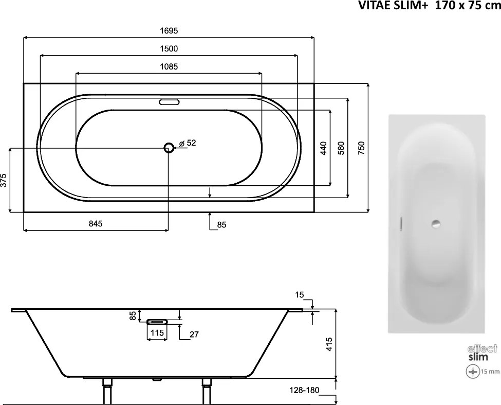 Besco Vitae Slim+ obdélníková vana akrylátová 170 x 75 cm sifon černá barva bílá VANVIT17SLIMPLB Koupelny Bernold